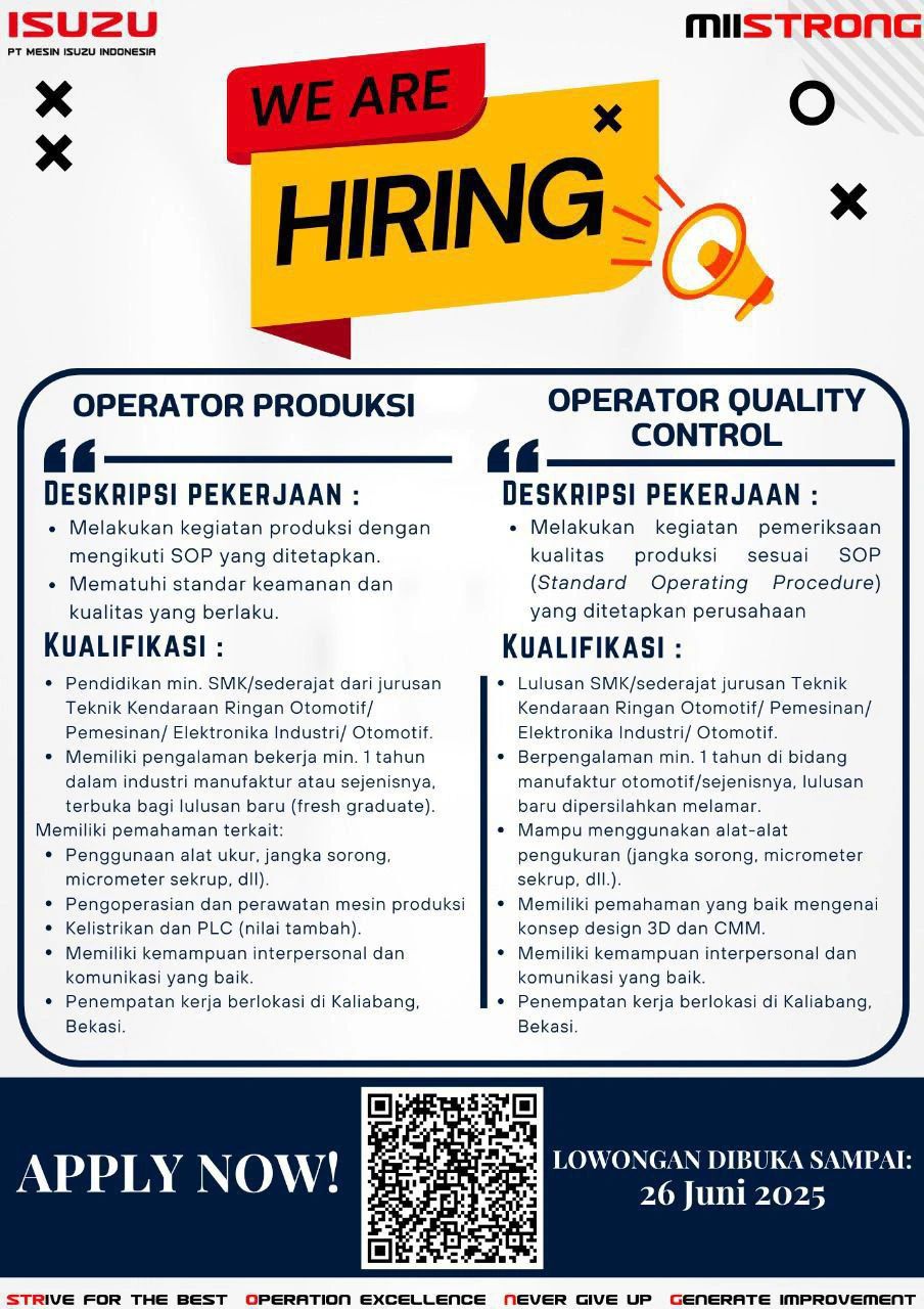Lowongan Kerja PT Mesin Isuzu Indonesia Bekasi